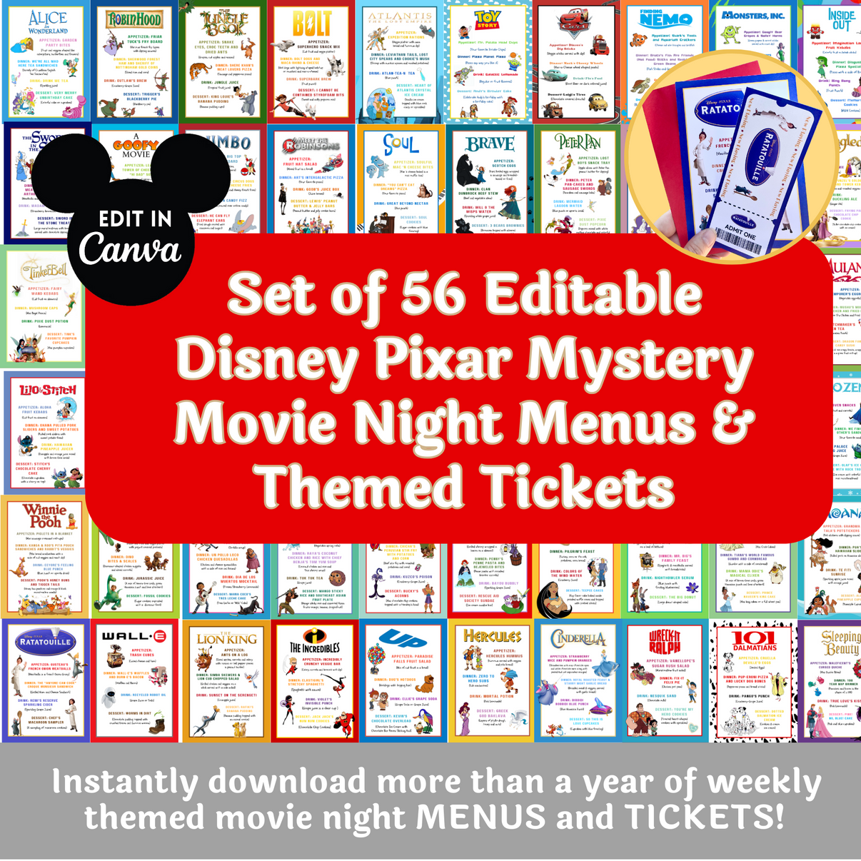 Disney Dinner and a Movie Night Menus and Movie Tickets Set of 56 Uniq ...